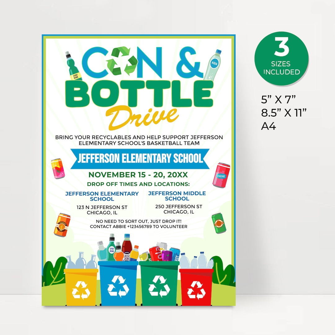 Can and Bottle Drive Fundraiser Flyer, Printable PTA PTO, School Church ...