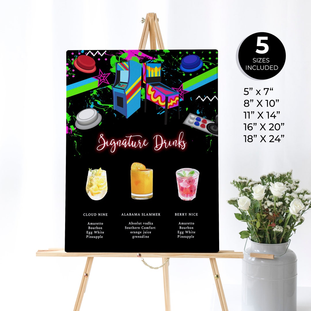 Arcade Bar Menu Sign, Video Game Party Drinks Sign, Party Neon ...