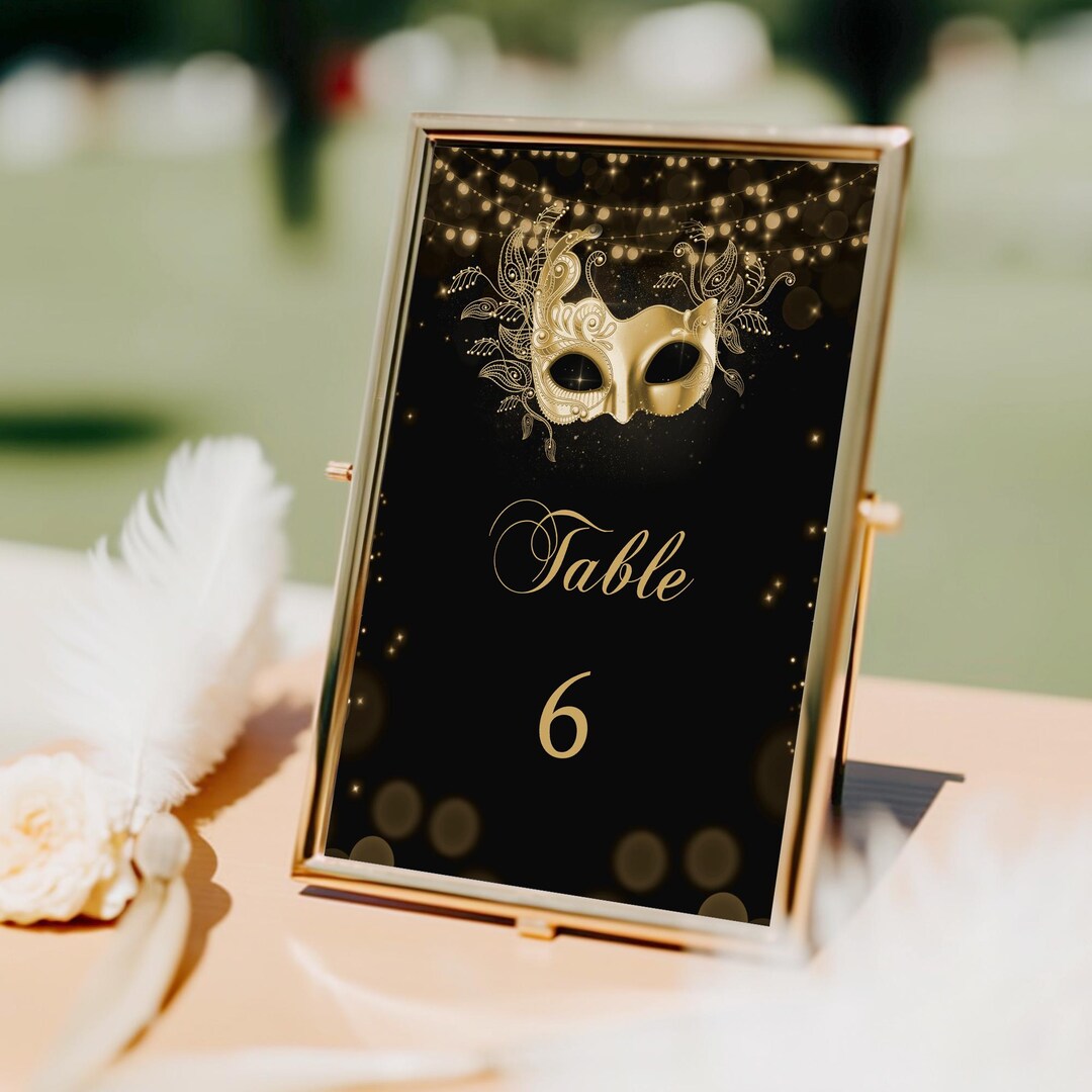 Black and Gold Masquerade Table Number Template, Masquerade Prom ...