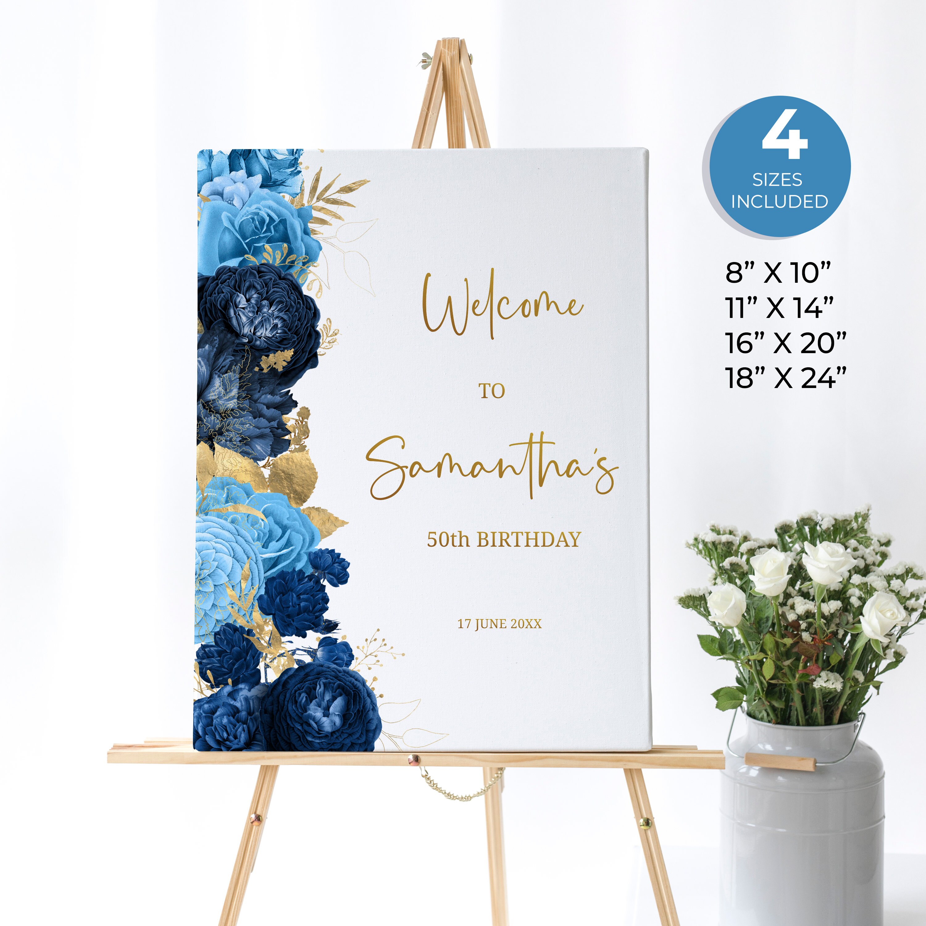Blue and Gold Floral Welcome Sign, Birthday Welcome Poster, Surprise ...