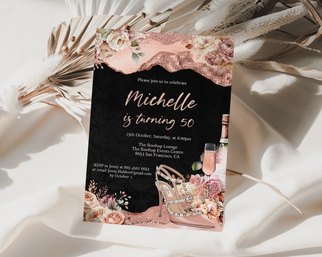 Rose Gold Birthday Invitation for Women, Rose Gold Glitter Heels Wine ...