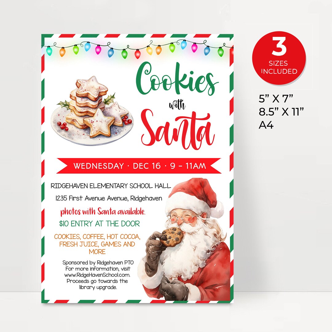 EDITABLE Cookies With Santa Flyer, Printable Santa Cookies Invitation ...