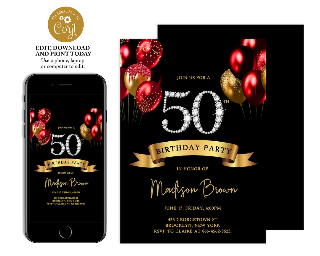 50th Birthday Invitation for Women, Red and Gold Birthday Invitation ...