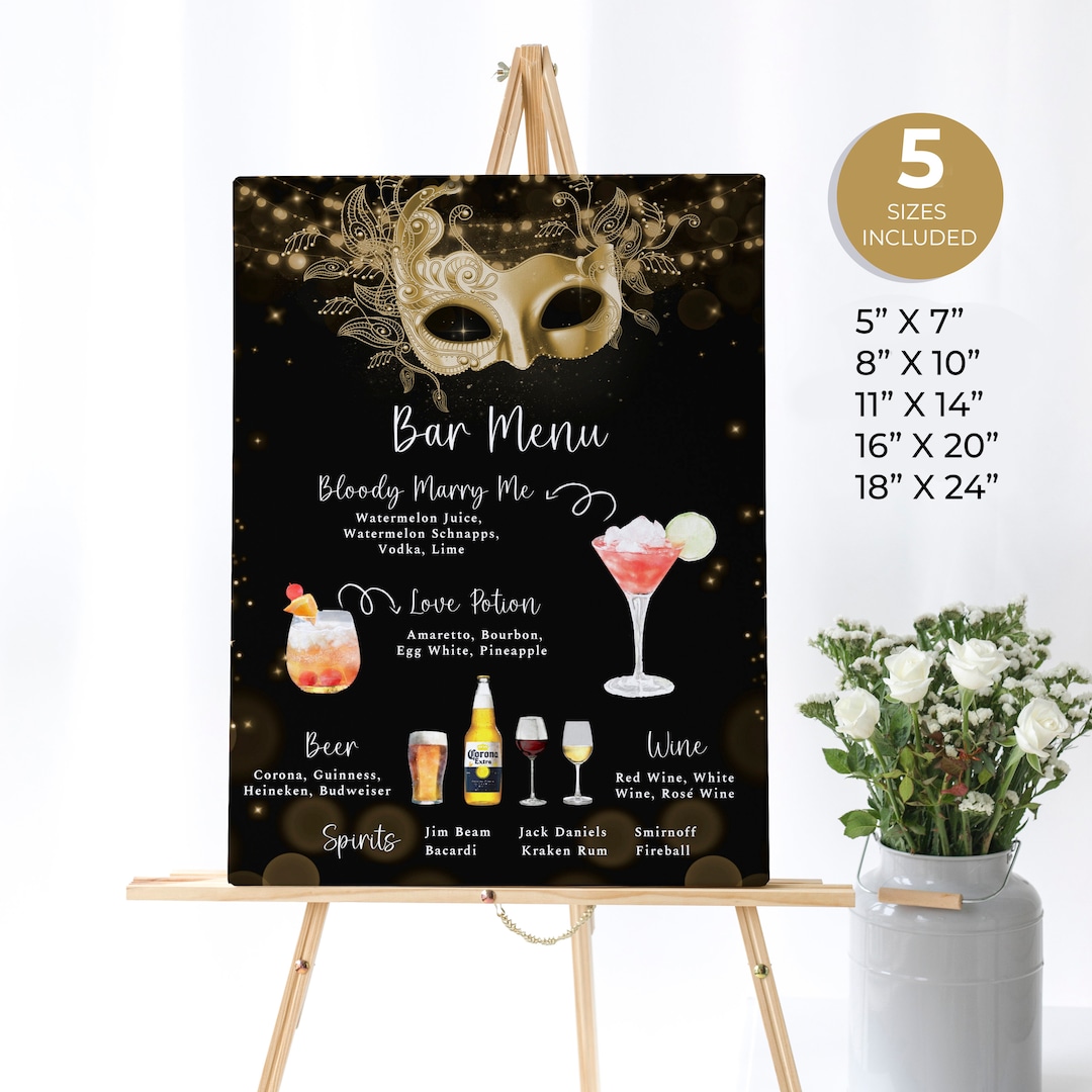 Gold and Black Masquerade Bar Menu Sign, Mardi Gras Signature Drinks ...