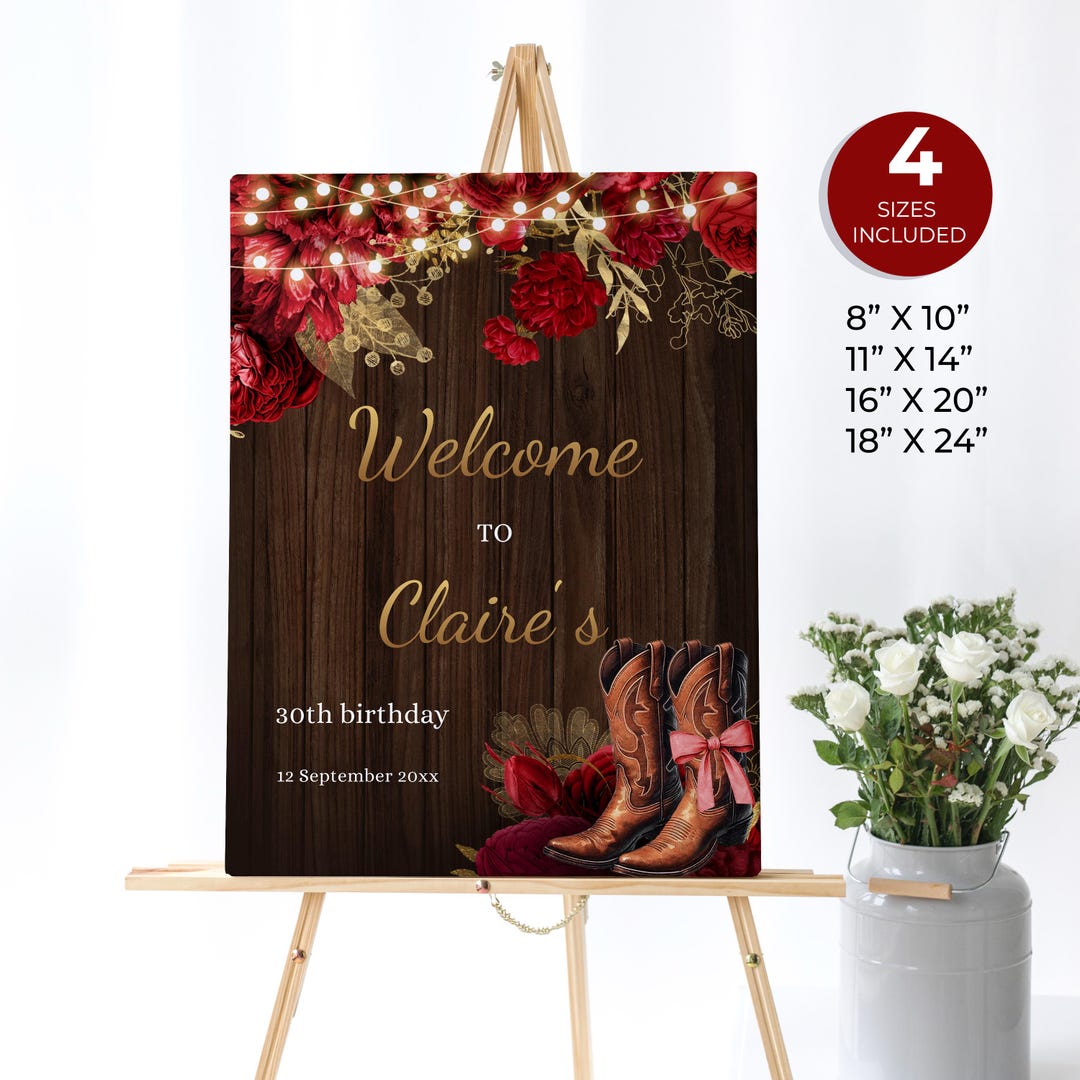 Red Cowgirl Boots Birthday Welcome Sign, Editable Country Rustic Barn ...