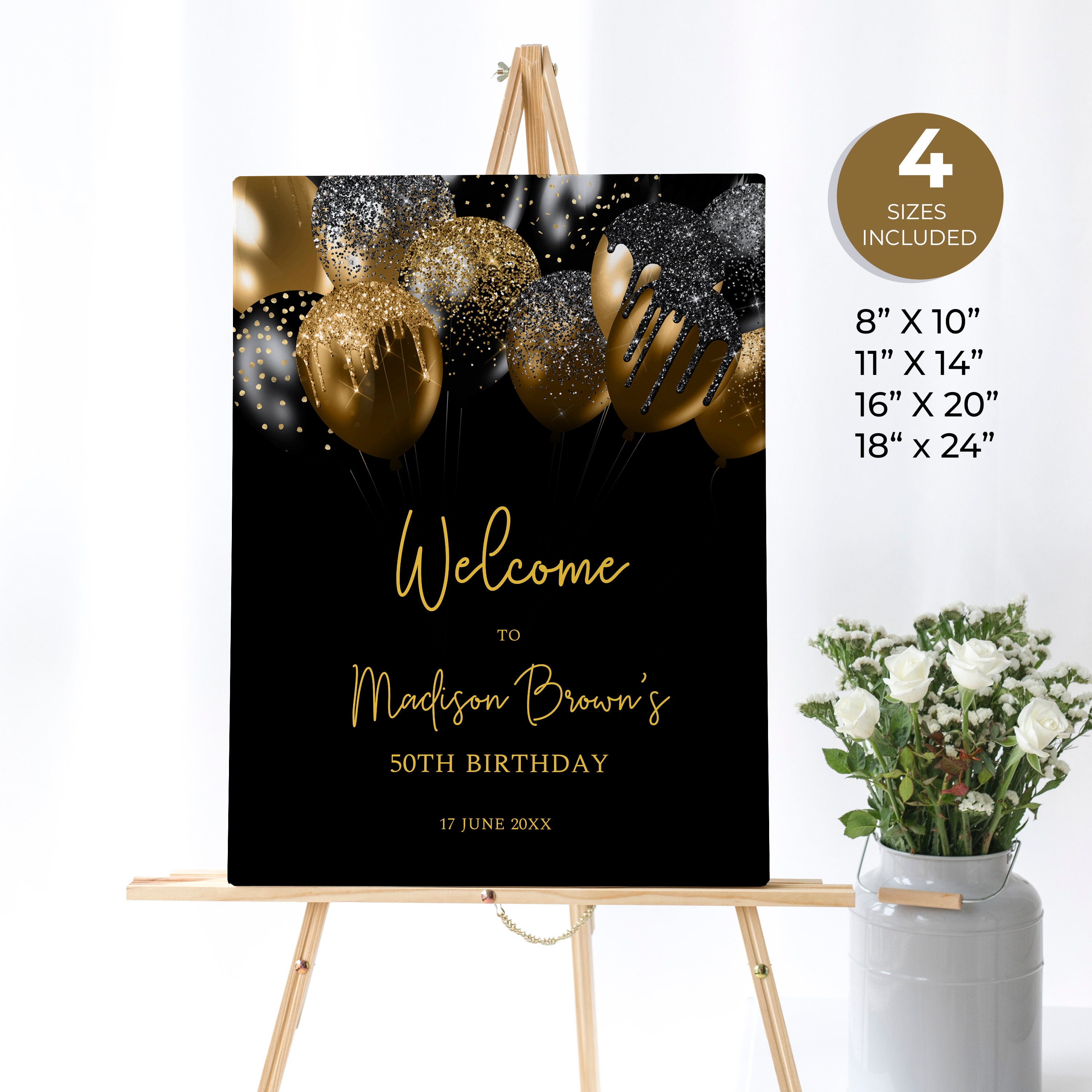 Black and Gold Balloons Welcome Sign Birthday Welcome Sign - Etsy