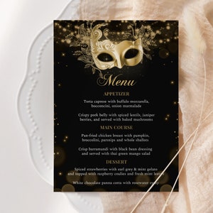 Black and Gold Masquerade Menu Template, Masquerade Prom Menu, Mardi ...