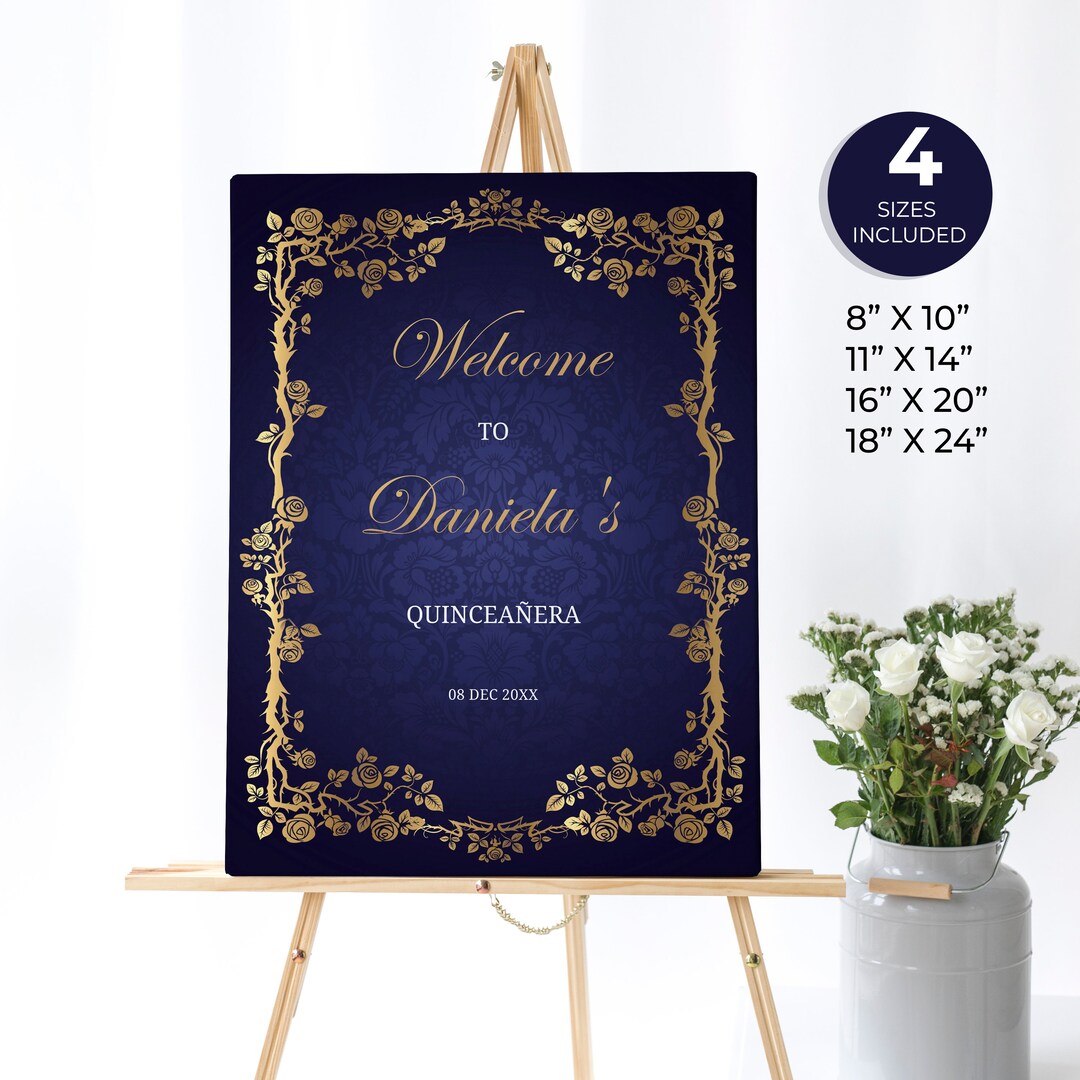 Navy Blue and Gold Welcome Sign, Quinceanera Welcome Sign, Quince Anos ...