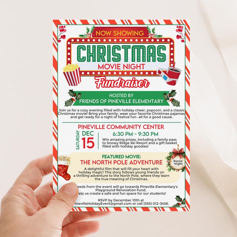 Editable Christmas Movie Night Flyer, Community Fundraiser Winter Event ...