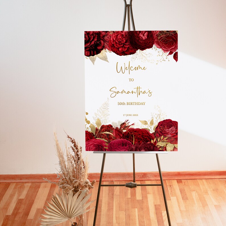 Red and Gold Floral Welcome Sign Birthday Welcome Poster - Etsy