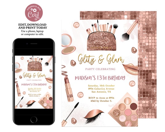 Makeup Birthday Party Invitation Editable Glitz and Glam | Etsy
