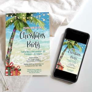 Tropical Christmas Party Invitation Template, Beach Christmas ...