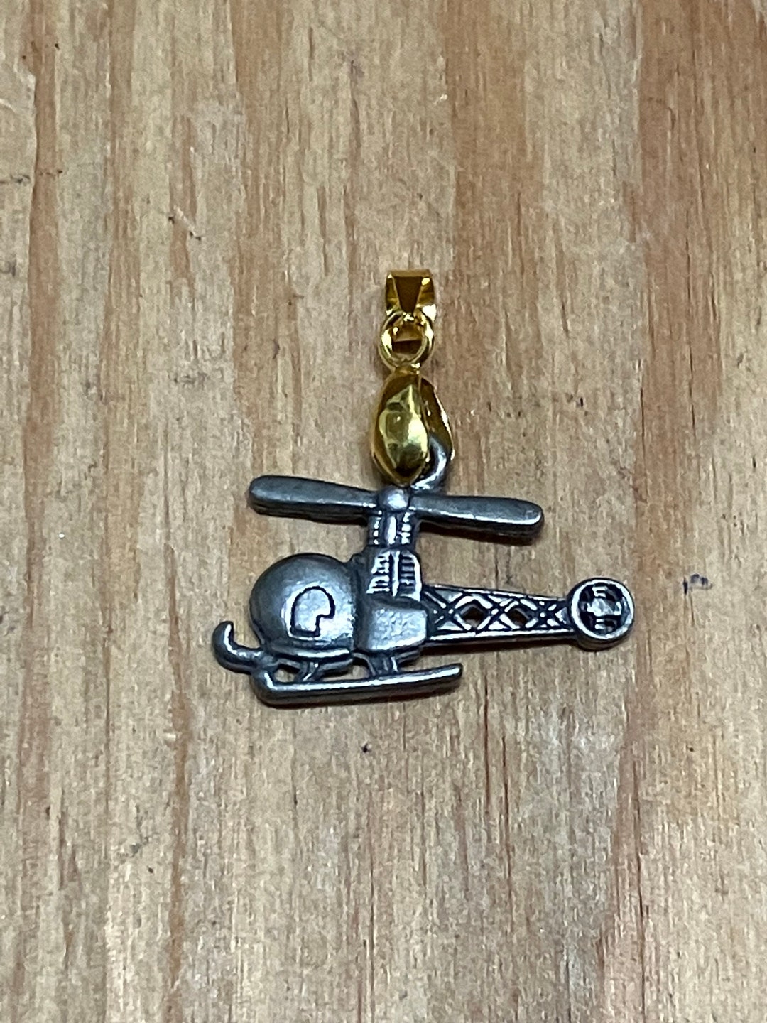 Miniature Helicopter - Vintage Pewter Charm / Pendant on 18K Gold ...
