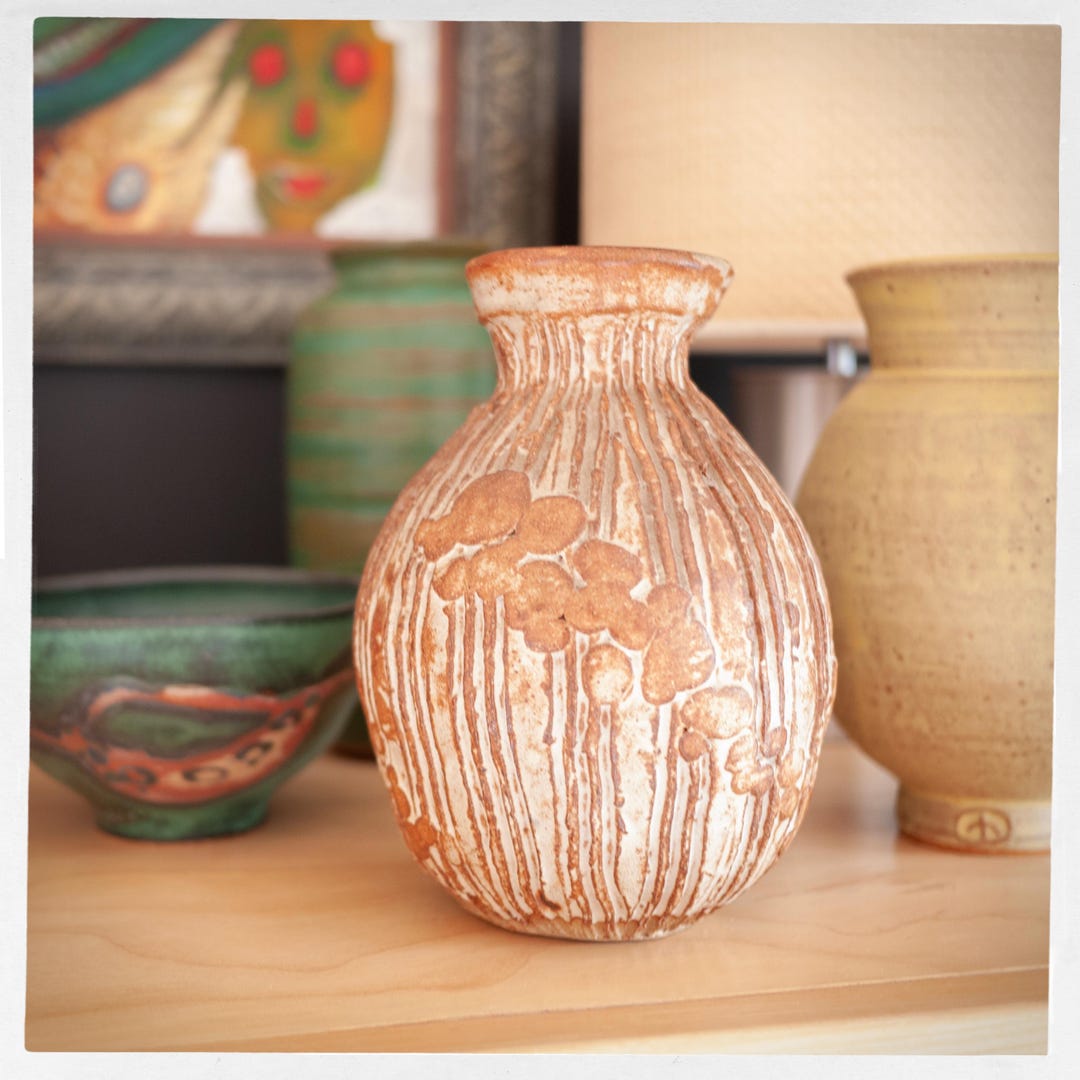 Vintage Jane Perryman Terracotta Vase, Floral Sgraffito, Studio Pottery ...