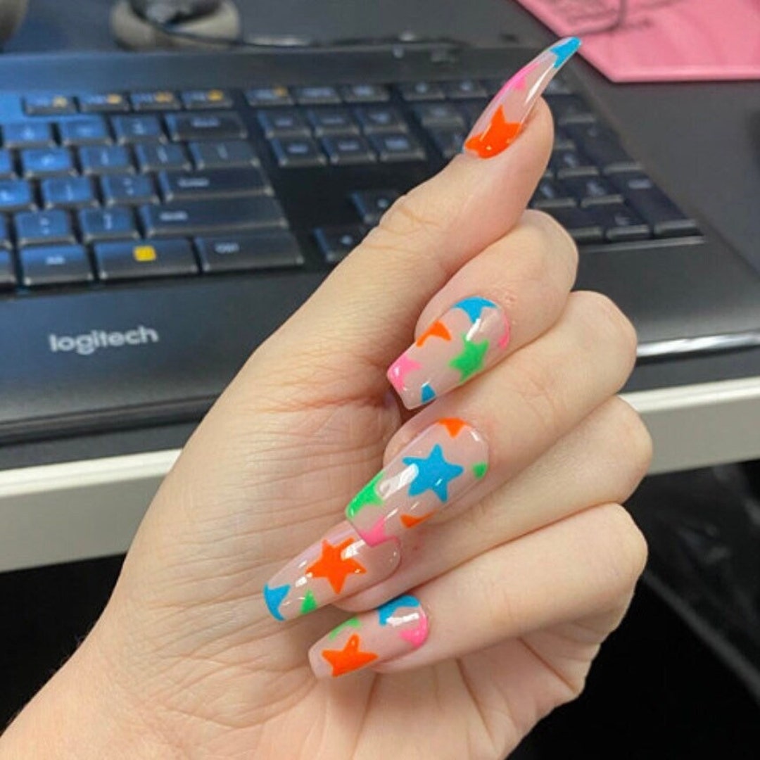 Colorful Stars Press on Nails, Press on Nails With Stars, Spring Nails ...