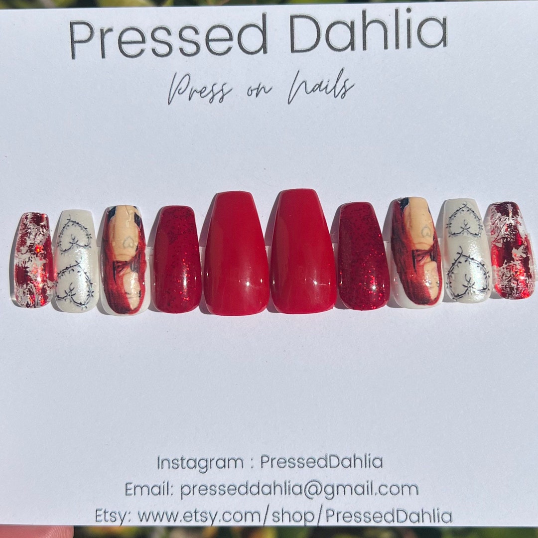 Karol G Press on Nails, Karol G Nails,red Karol G Nails,red Glitter ...