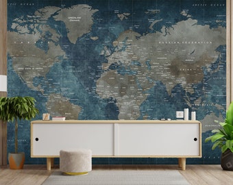 Blue World Map Poster - Etsy