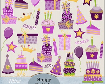 Digital Birthday Clip Art Set, Gold Birthday Clipart Party PNG Birthday ...