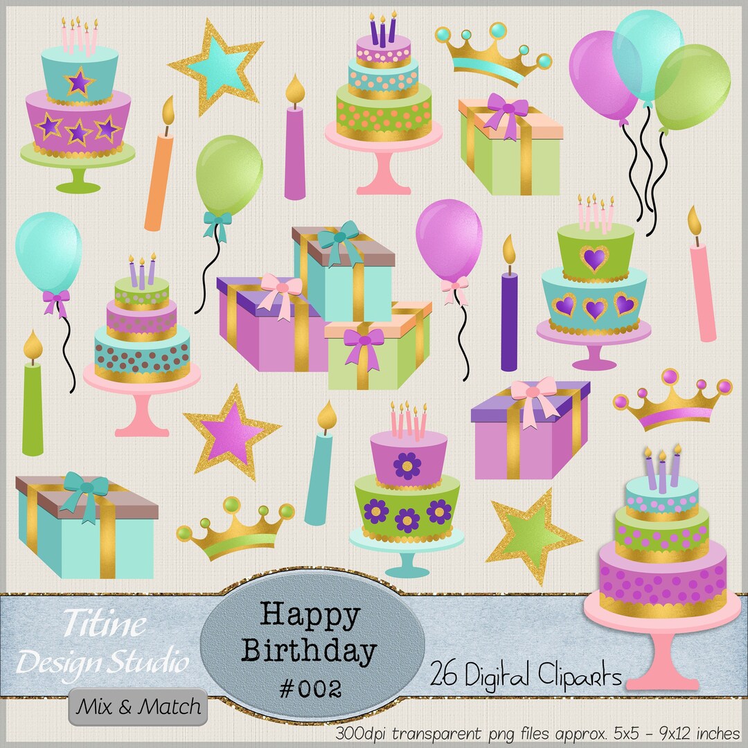 Digital Birthday Clip Art Set, Gold Birthday Clipart Party PNG Birthday ...