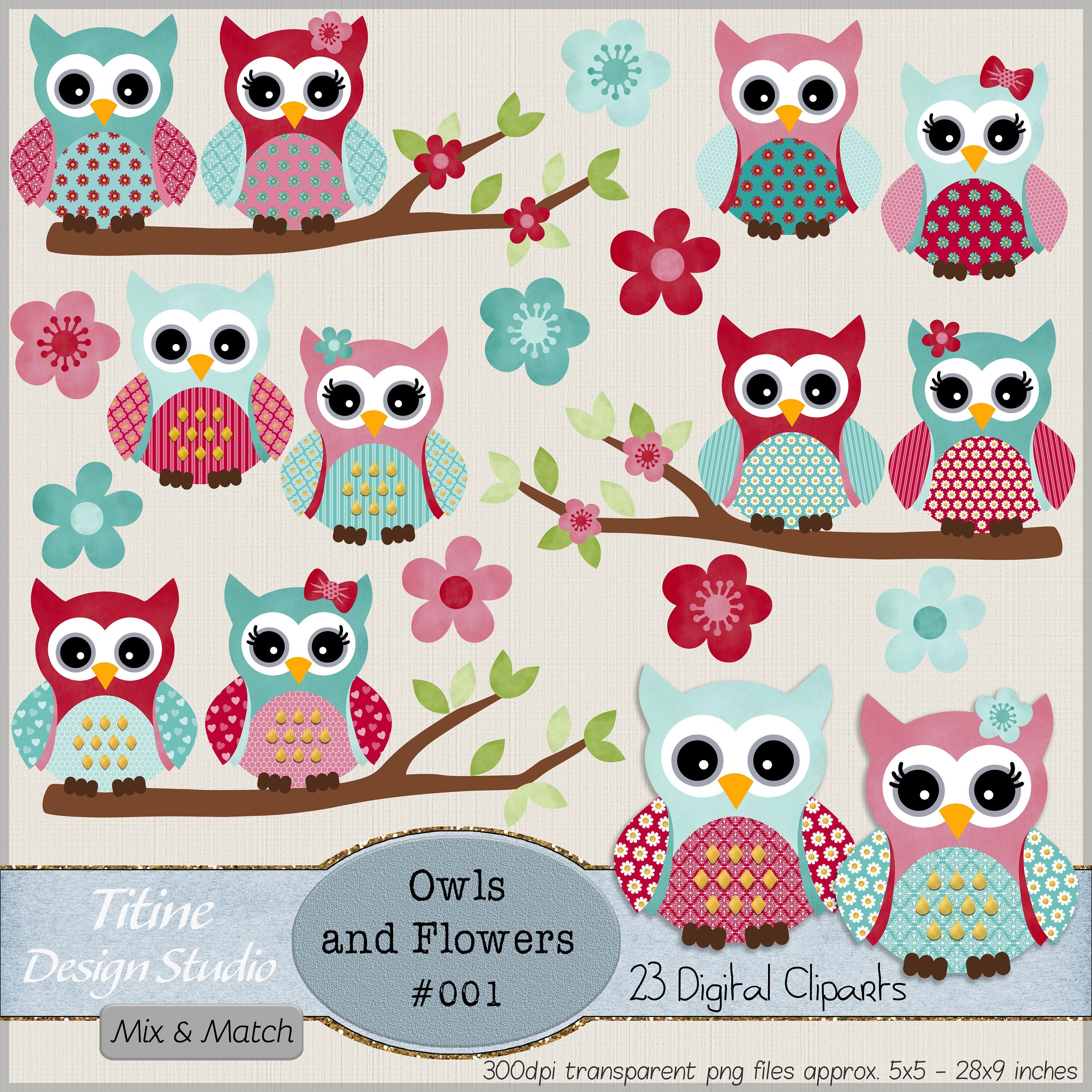 Cute Owl Clip Art Set, Digital Owl PNG, Red and Teal Owl Clipart Owl ...