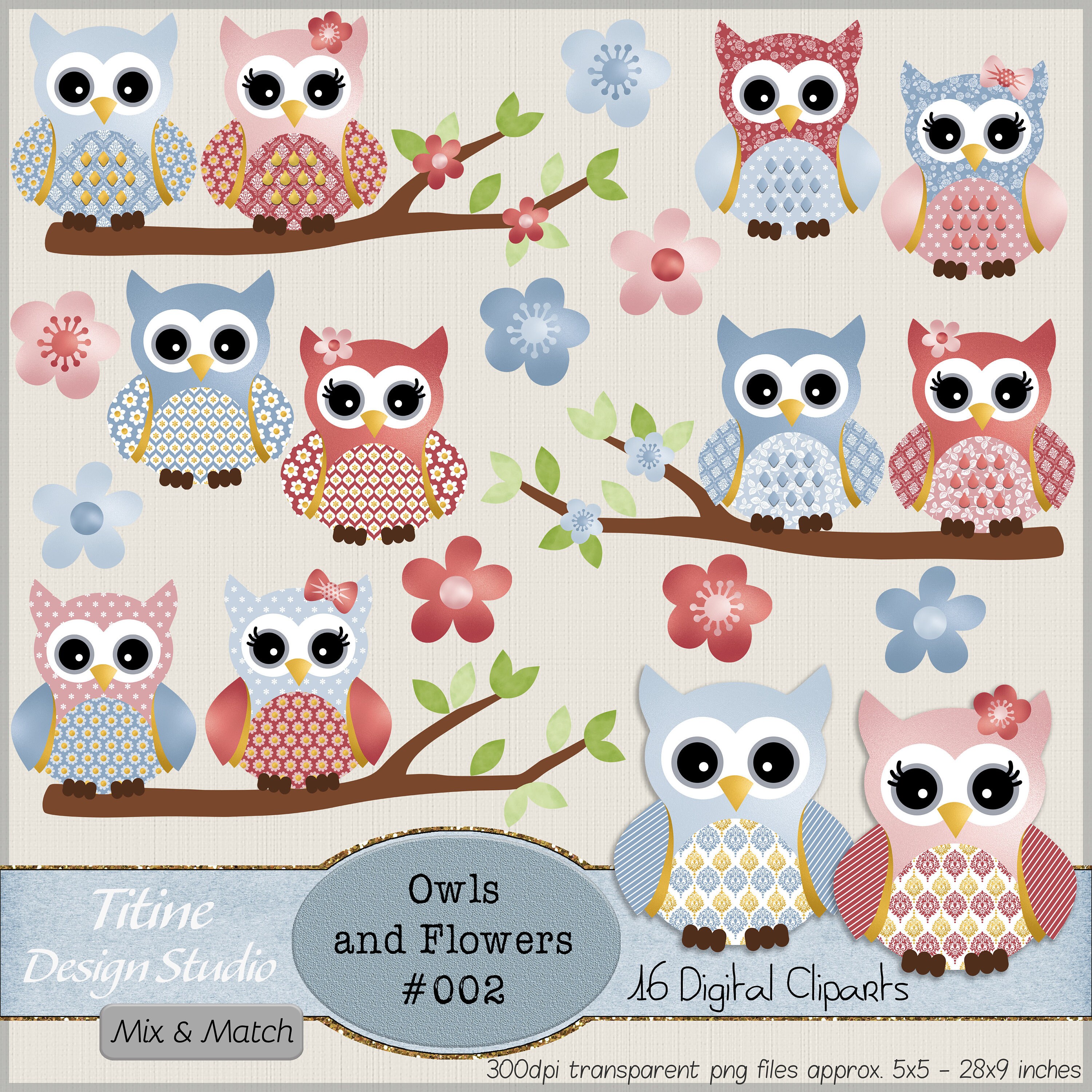 Cute Owl Clip Art Set, Digital Owl PNG, Red, Blue, Gold Owl Clipart Owl ...