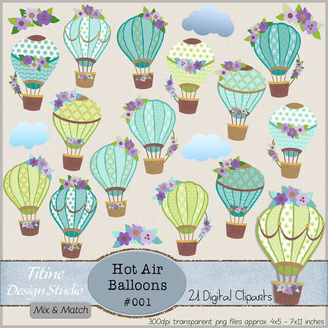 Digital Hot Air Balloon Clipart Set With Flowers and Clouds, Floral Hot ...