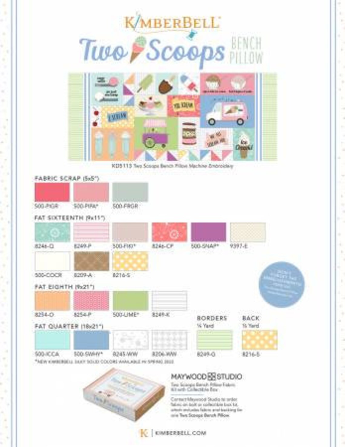Kimberbell, Bench Pillow Kit, Two Scoops, Fabric for Top, Borders ...