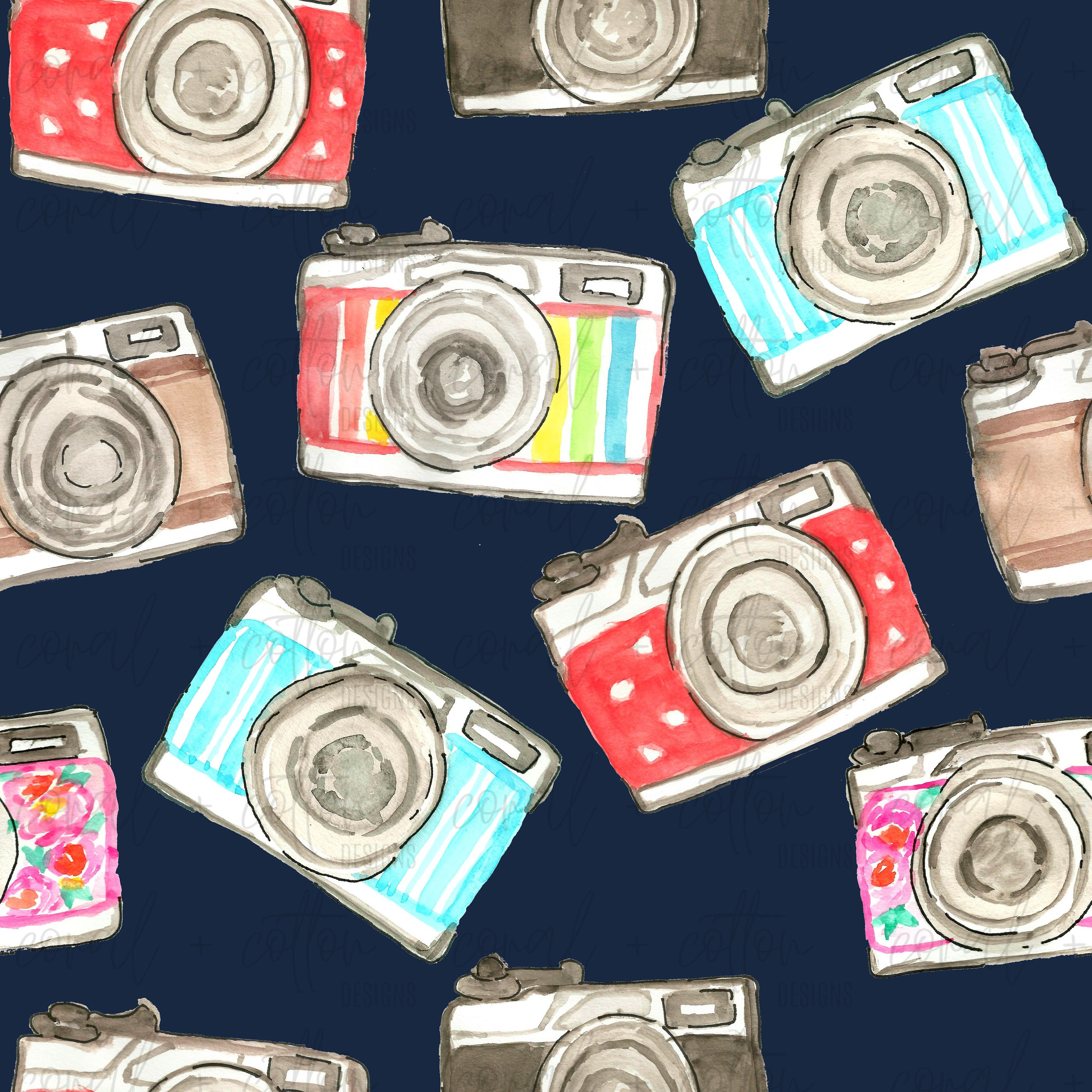 Navy Blue Camera Seamless Pattern Digital File Watercolor - Etsy