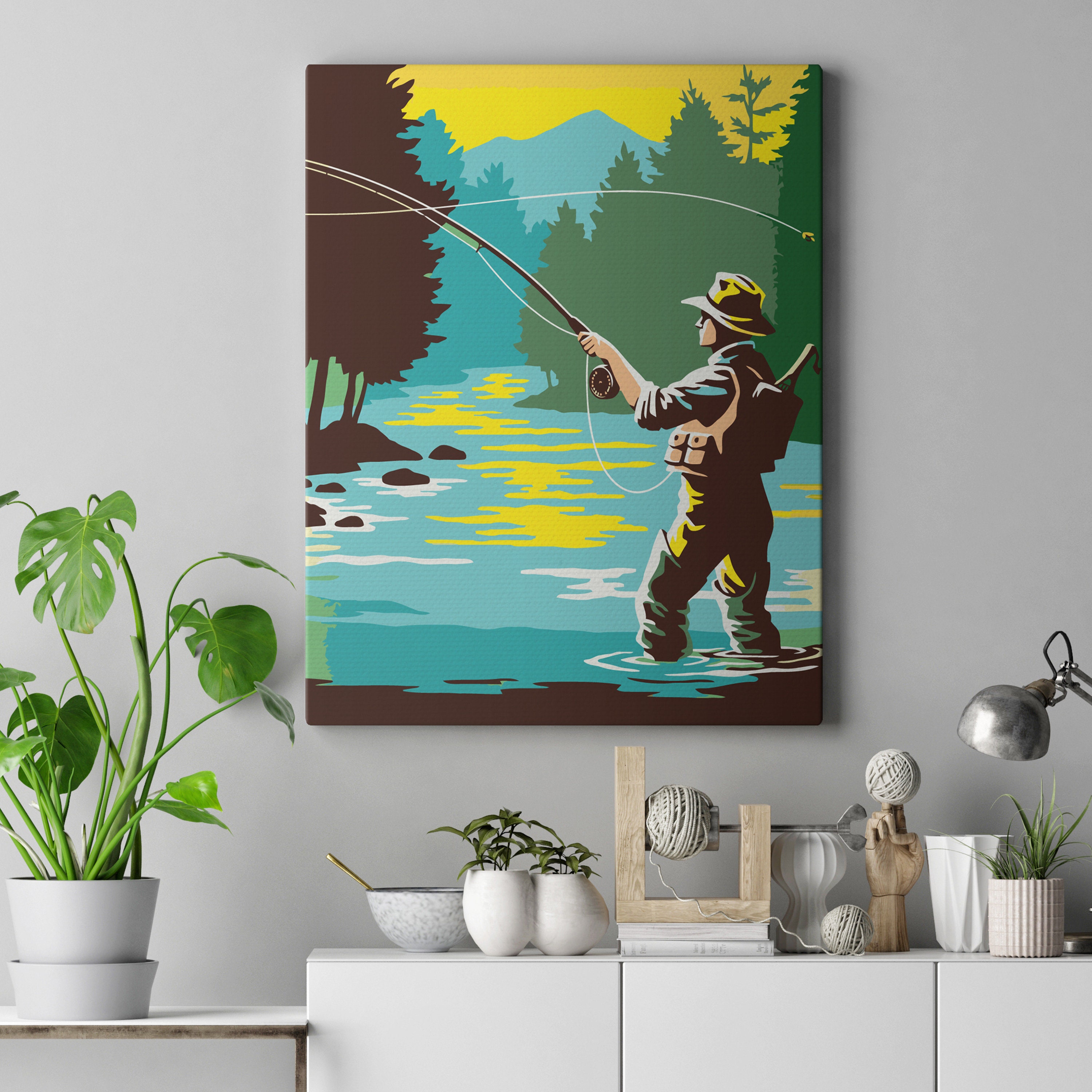 Fishing Man DIY Kit Paint by Numbers Fishman Handmade Picture Divided ...