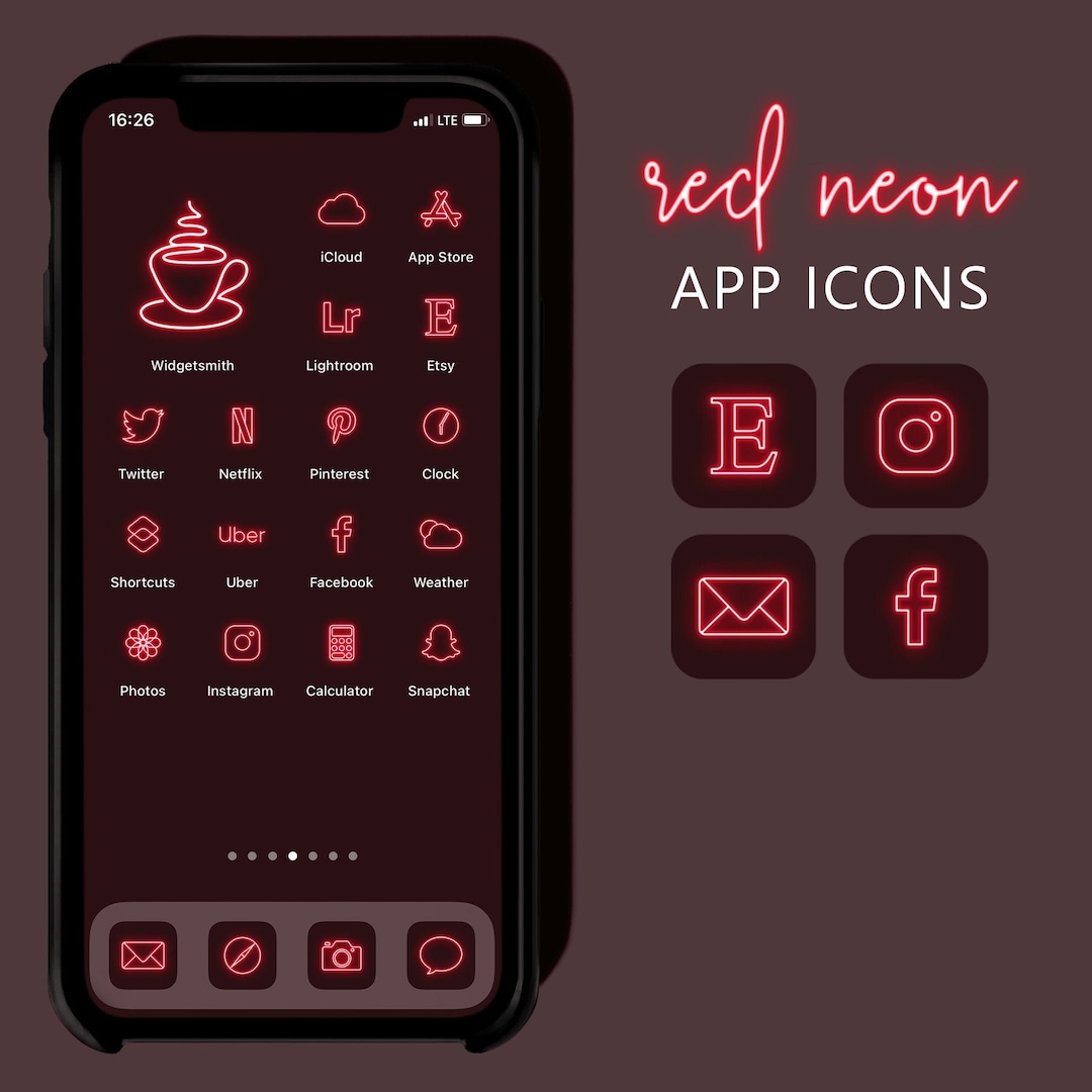 Red Neon App Icons, Neon Aesthetic Ios 14 Icons, iPhone Icon Pack Neon ...