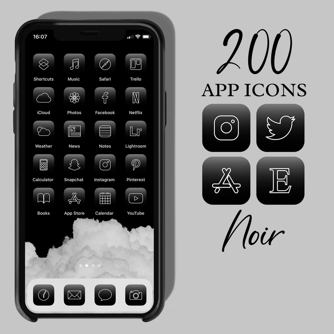 200 Noir App Icons, Ios 14 Icons Black, Ios 14 Dark Aesthetic, App Icon ...