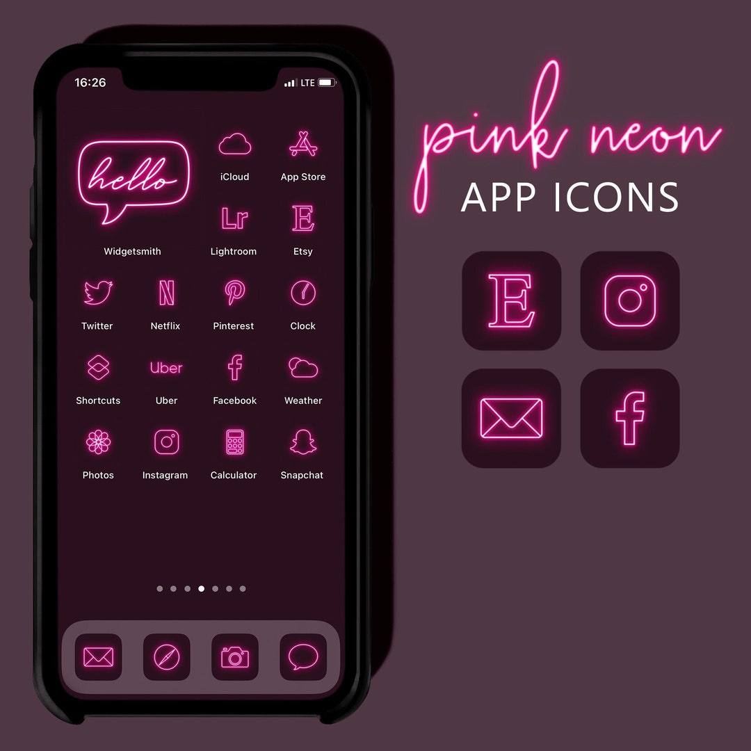 Pink Neon App Icons, Neon Aesthetic Ios 14 Icons, iPhone Icon Pack Neon ...