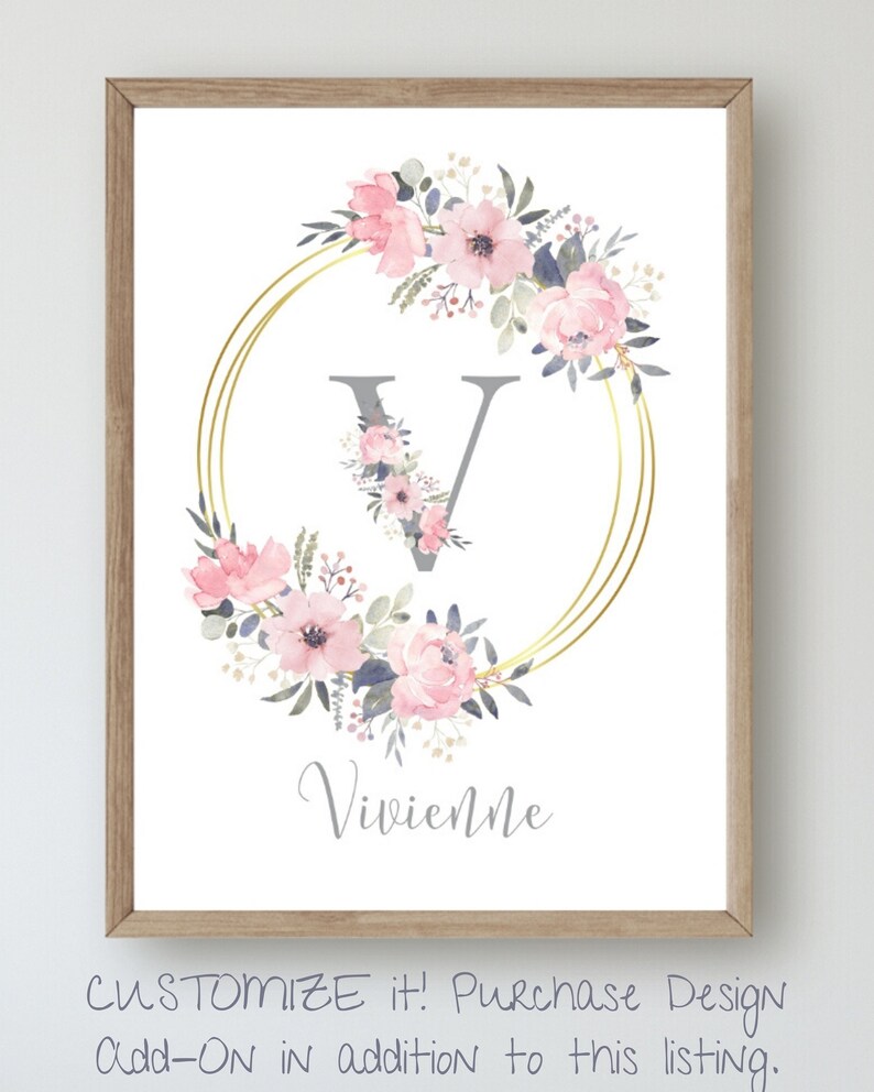 Floral Monogram Wreath Nursery Art Set of 3 Watercolor | Etsy