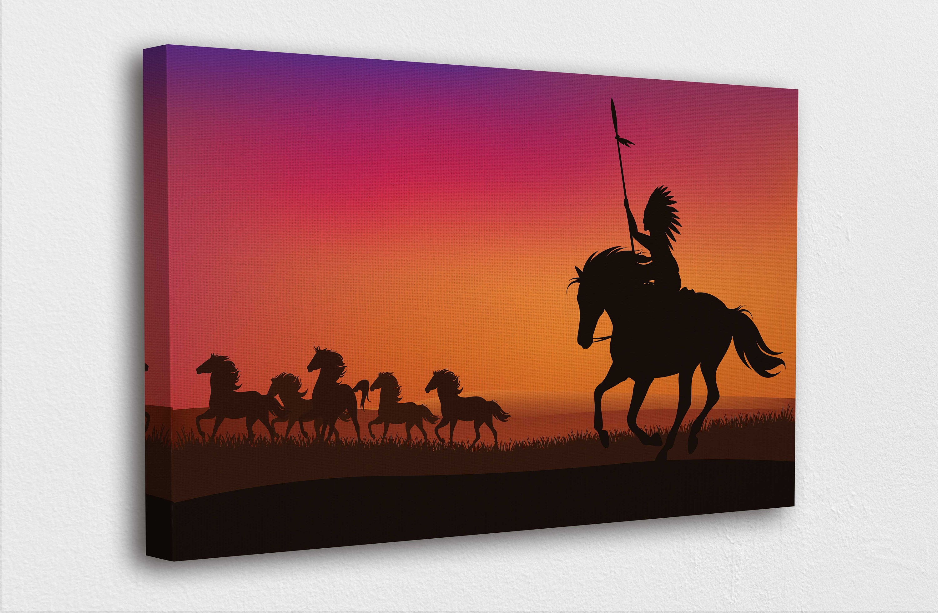 American Indian Art Canvas-Native Man Chasing Horse Silhouette | Etsy