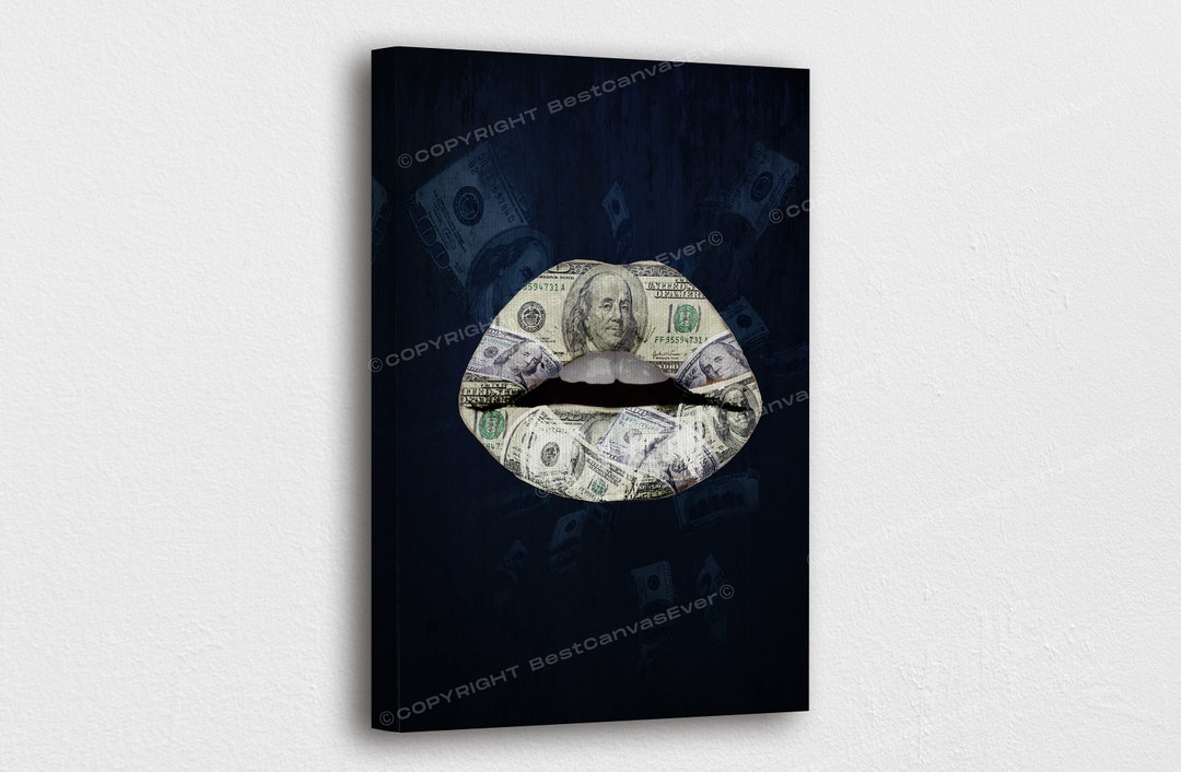 Lips Art Canvas Poster-money Lips W/ Dark Blue Background Art Poster ...