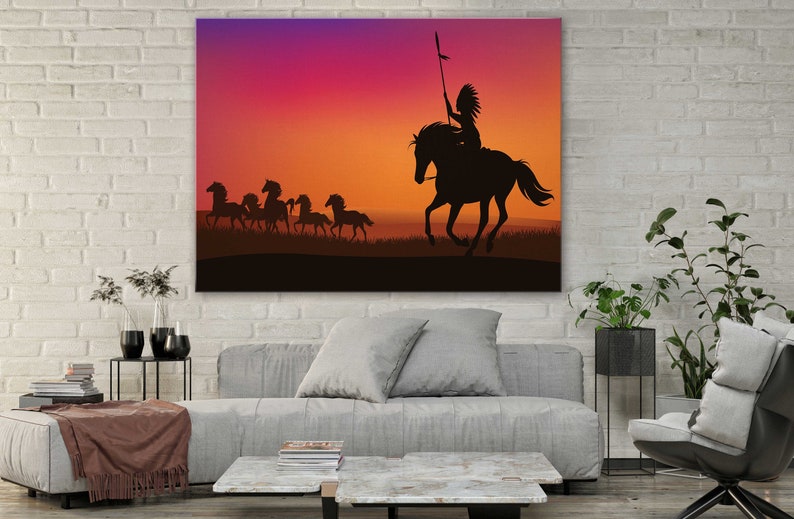 American Indian Art Canvas-native Man Chasing Horse Silhouette - Etsy