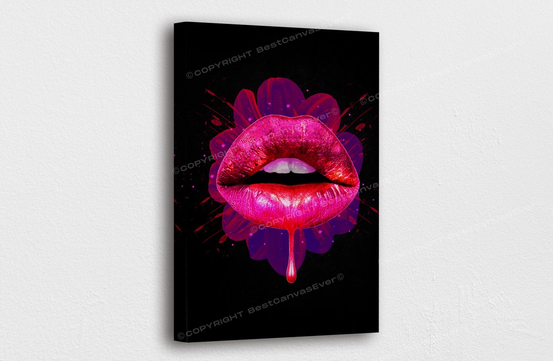 Lips Art Canvas-lips in Pink Flower Style Watercolor Art Canvas Poster ...