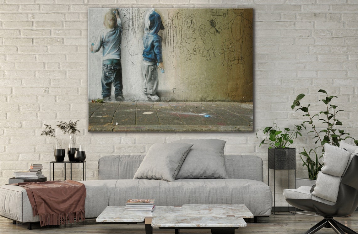 Banksy Street Art Canvas-two Kids Graffiti Artist Street Art | Etsy