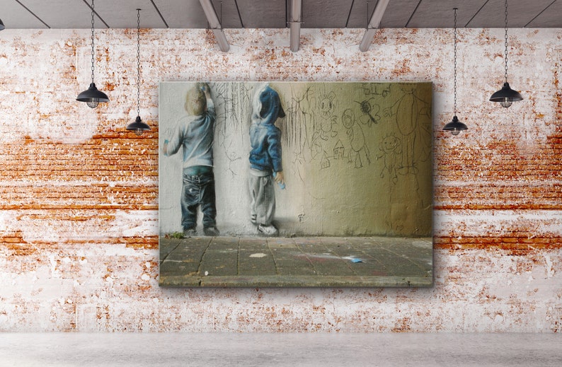 Banksy Street Art Canvas-two Kids Graffiti Artist Street Art - Etsy