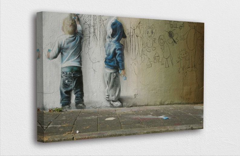 Banksy Street Art Canvas-two Kids Graffiti Artist Street Art - Etsy