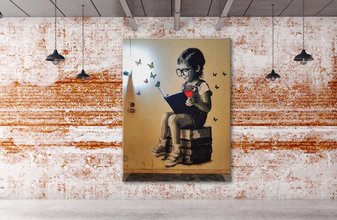 Banksy Art Canvas A Girl Reading a Book Street Graffiti Art | Etsy