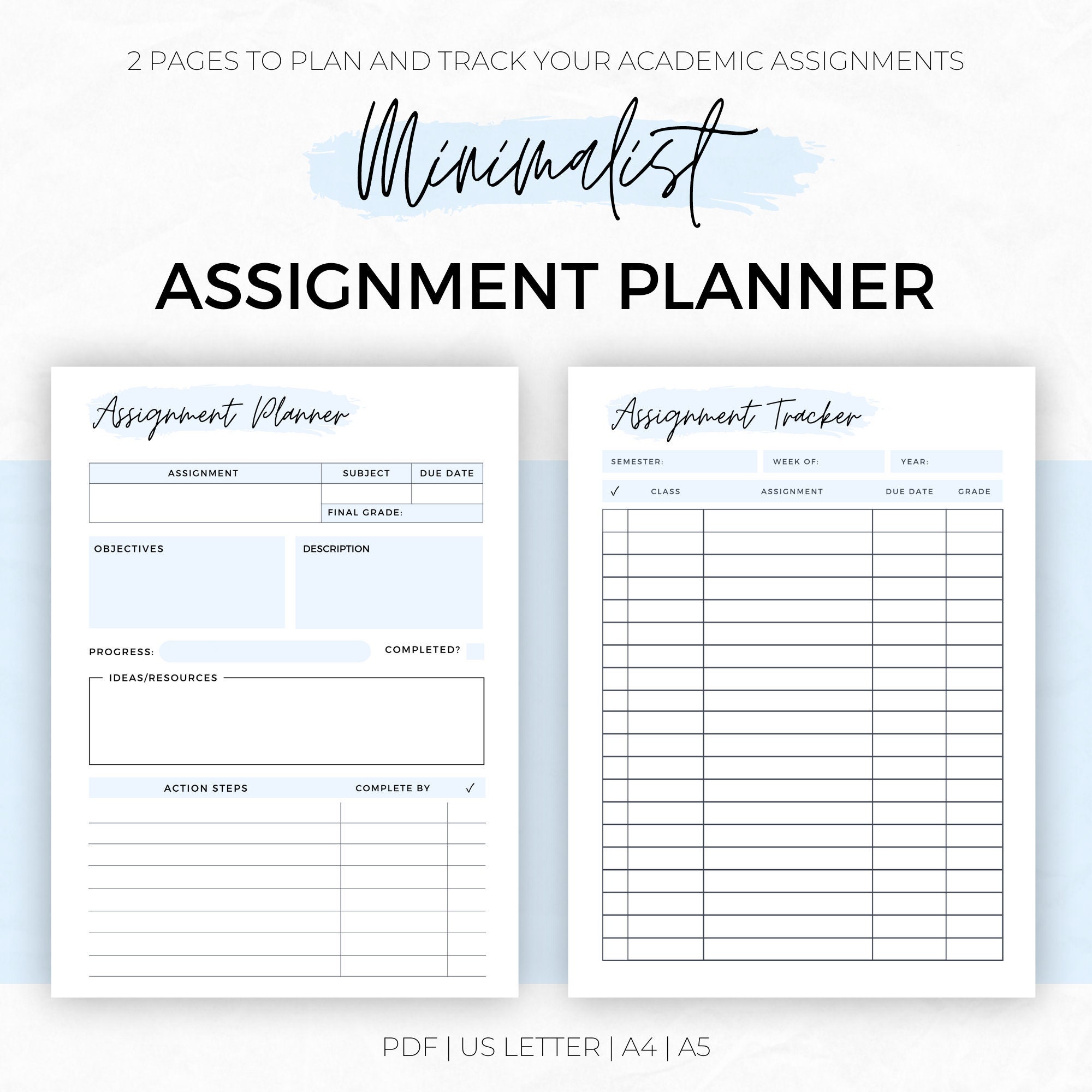 Paper Assignment Tracker Homework Planner Academic Planner School ...