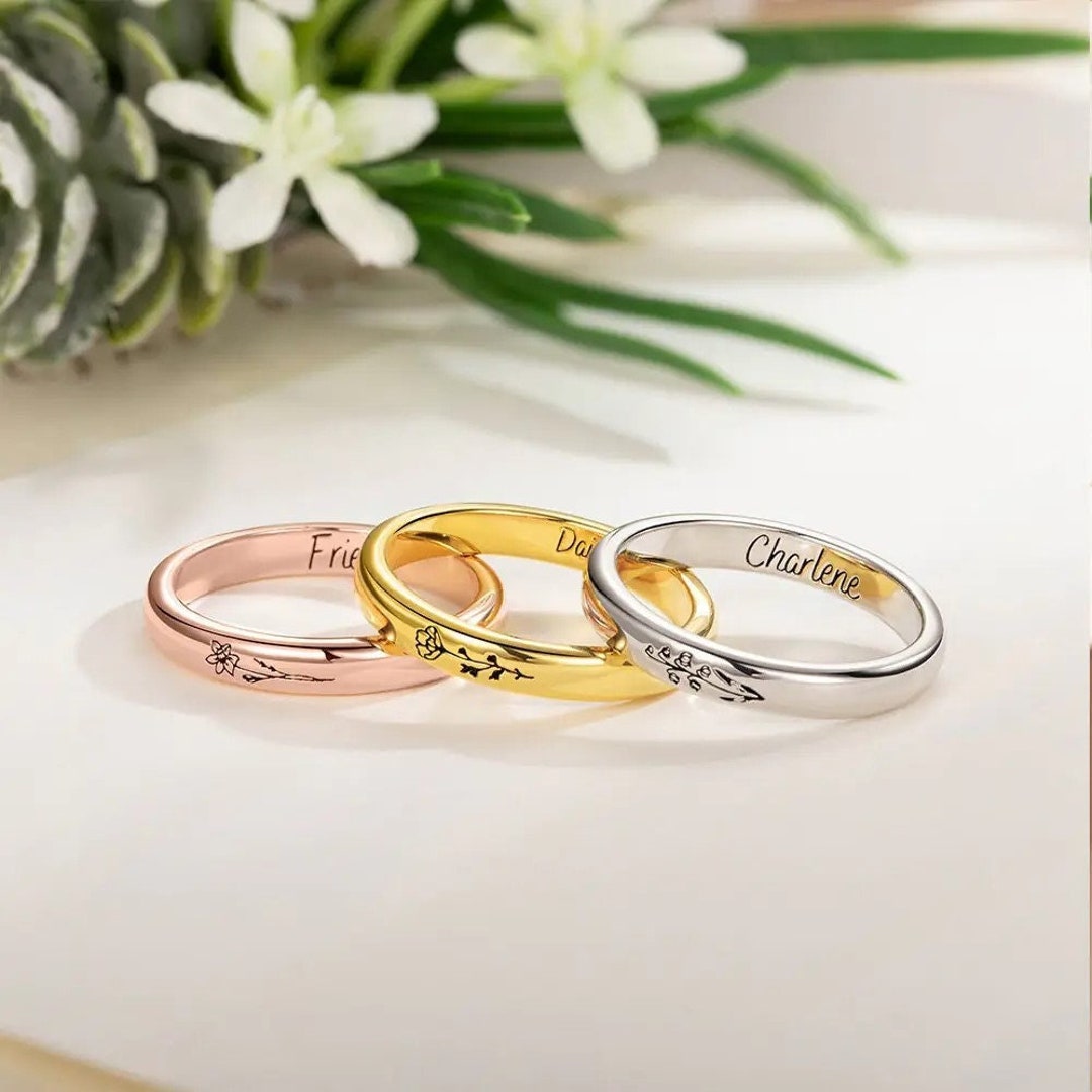Personalized Birth Month Ring, 18k Gold Dainty Birthflower Ring ...