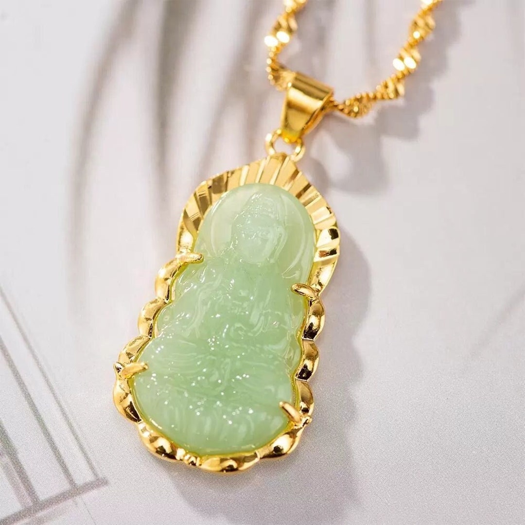 Jade Buddha Pendant, Buddha Chain for Protection Necklace, Gold Oval ...