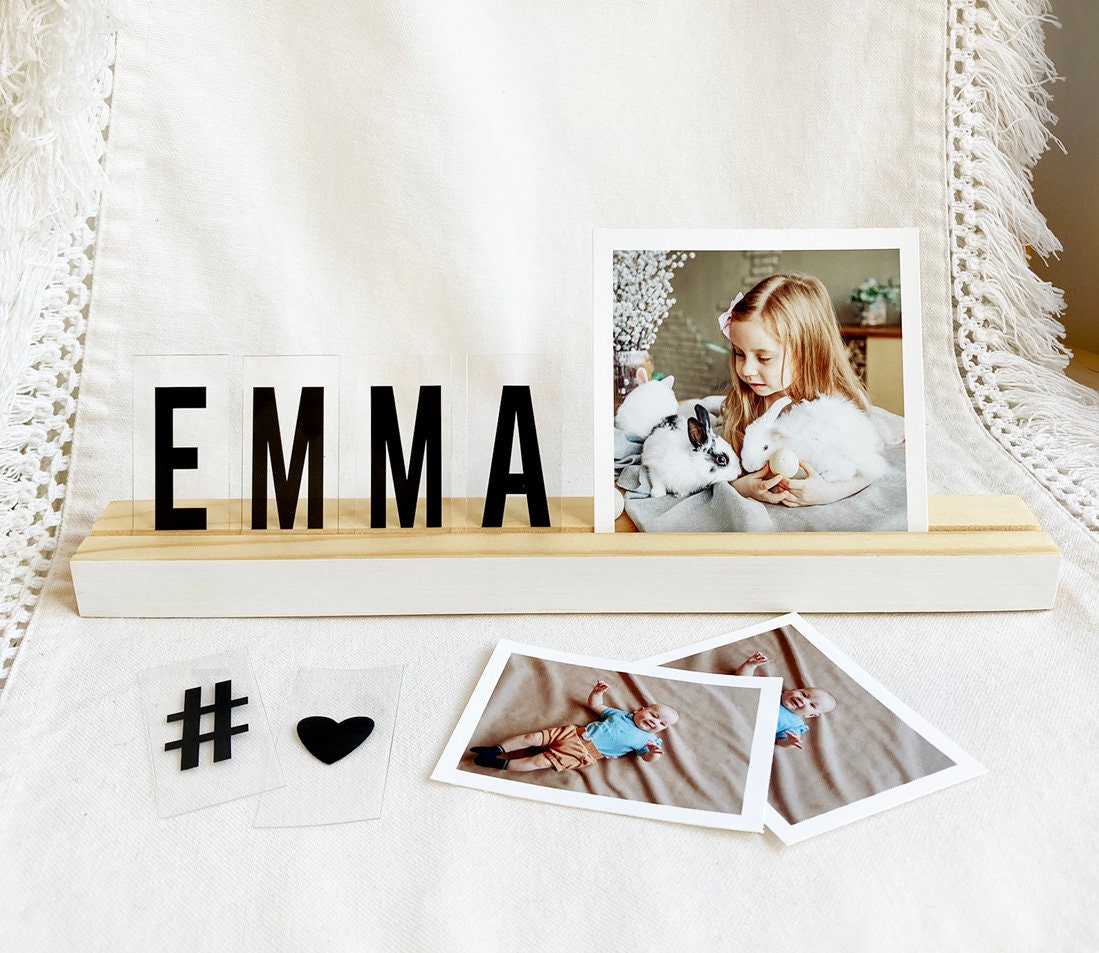 Wood Photo Holder, White Color Block Wooden Display Stand, Picture ...