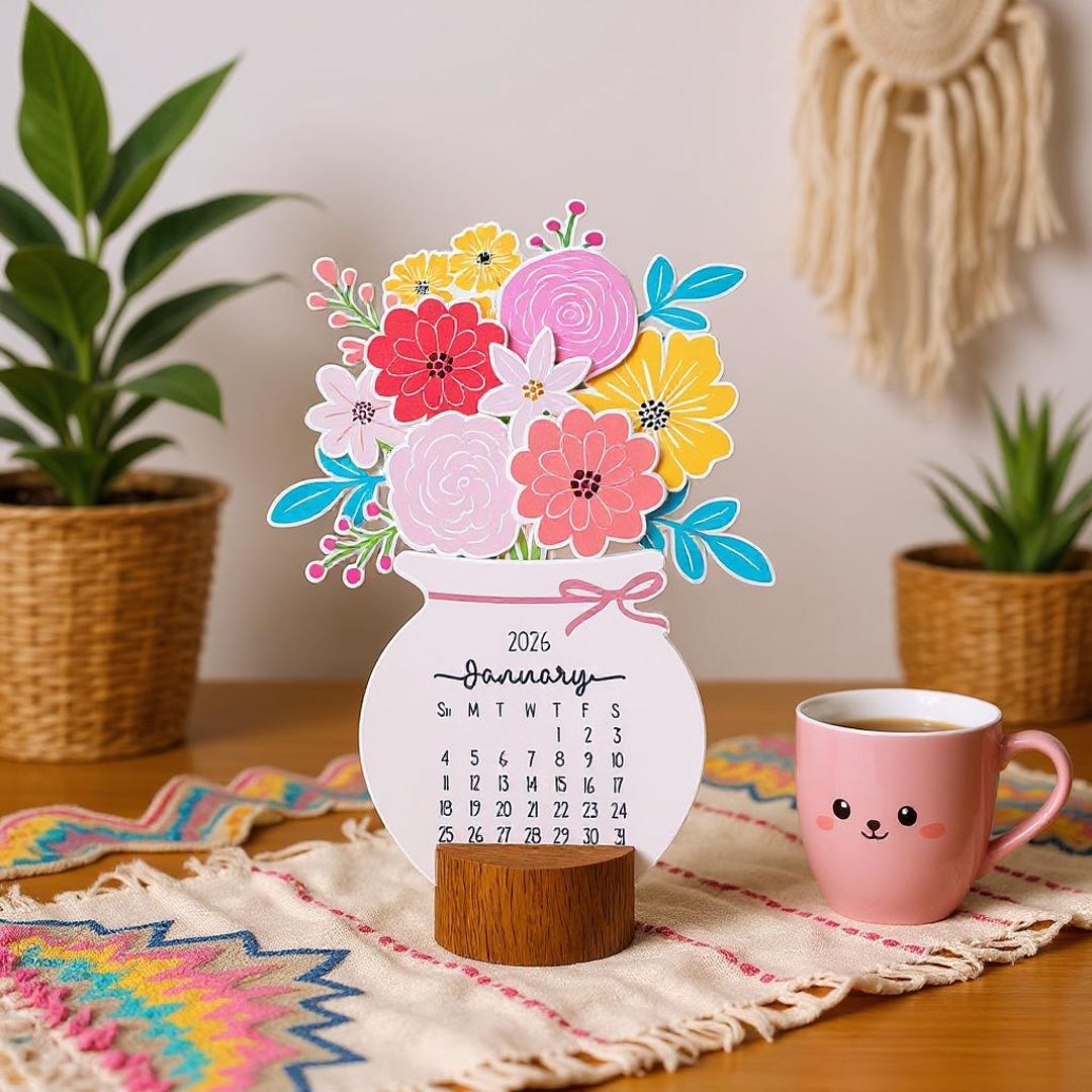2026 Blooming Bouquet Desk Calendar With Wooden Stand, Floral Calendar ...
