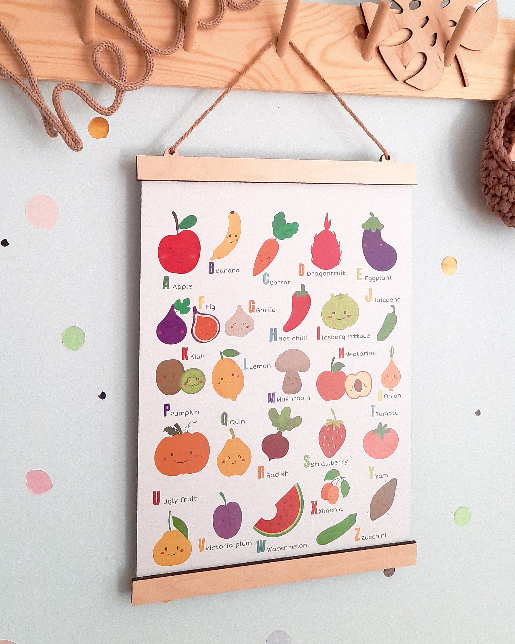 Vegetable Alphabet Poster: Nursery Wall Art With Wooden Hanger - Etsy