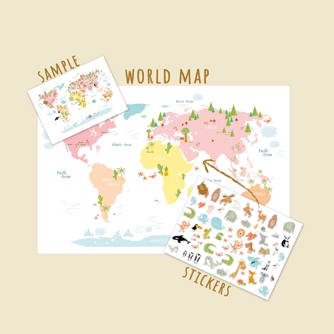 World Map With Animal Stickers, Kids Learning Toys, Kids Stickers ...