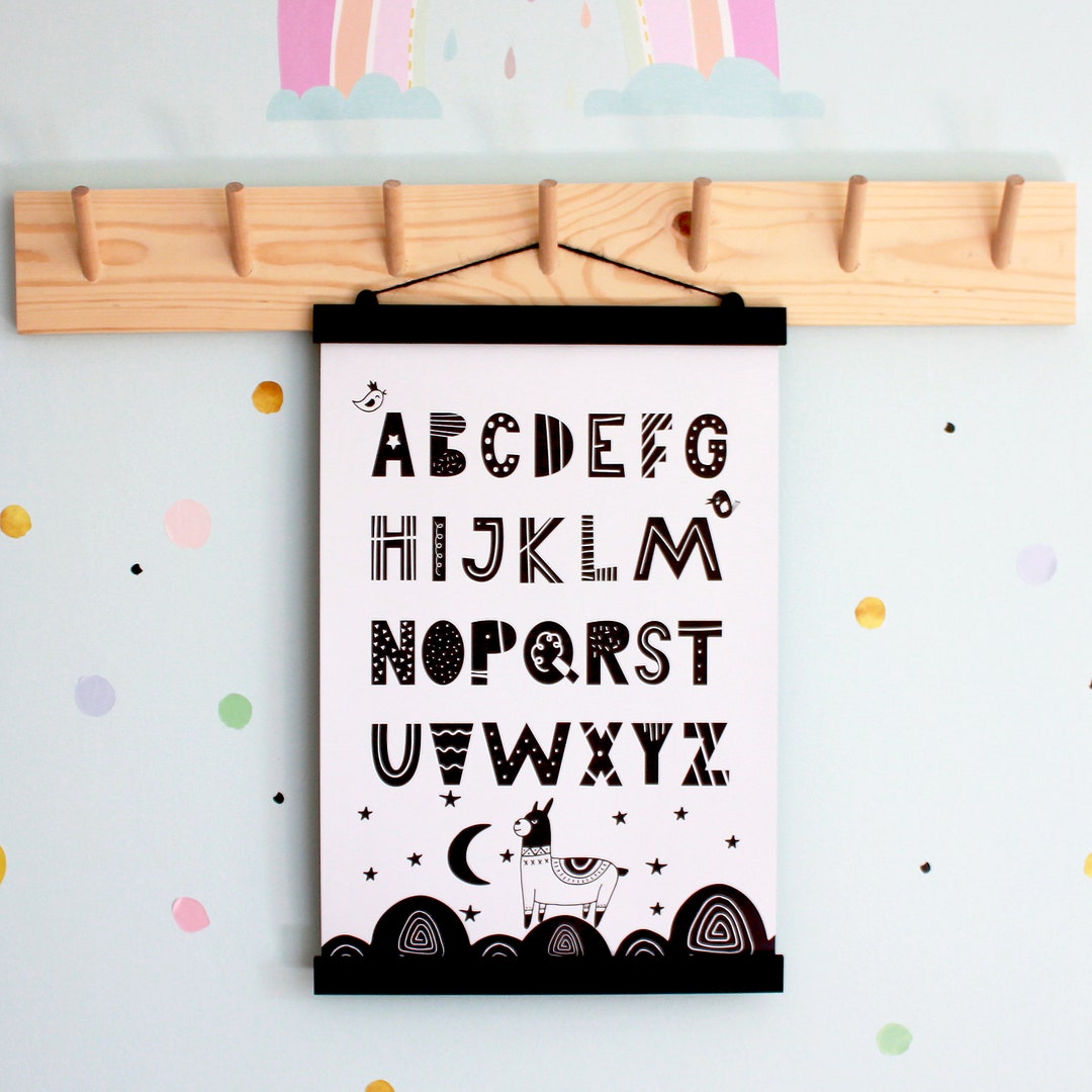 Black and White Alphabet Poster: Kids Nursery Decor With Wooden Hanger ...