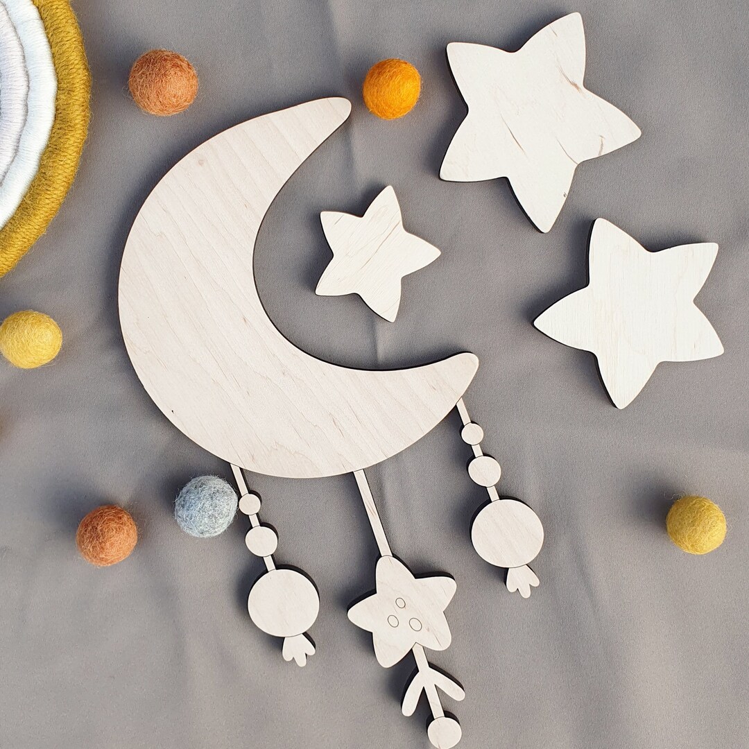 Boho Moon and Stars Set Scandinavian Design Wooden Nursery Wall Decor ...